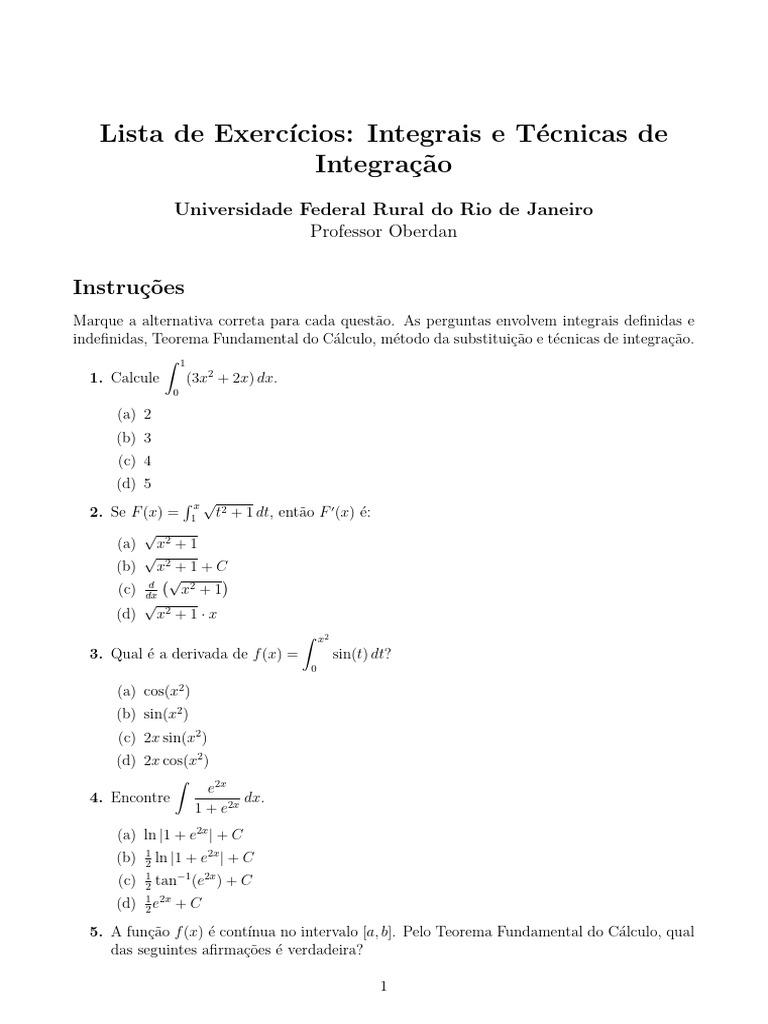 Lista_calculo1_Integrais | PDF | Integrante | Cálculo