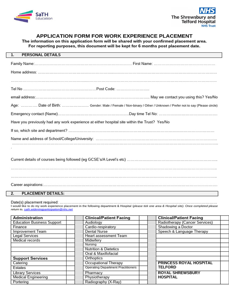 Work Experience Application Form | PDF | Public Services | Health Sciences