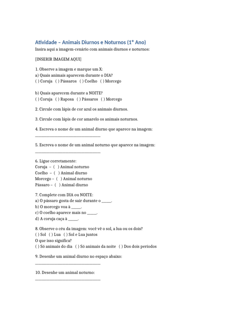 Atividade Animais Diurno Noturno | PDF