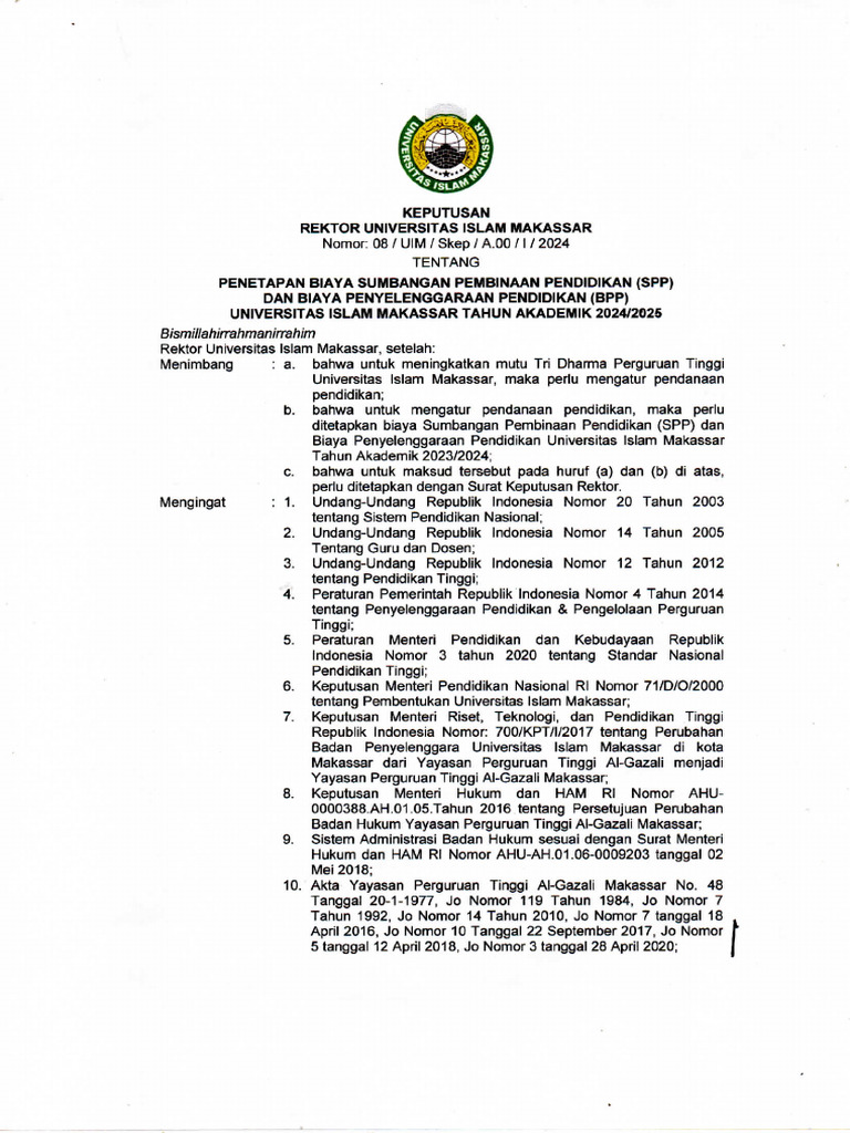 SK Biaya SPP BPP Uim Ta 2024 2025 | PDF