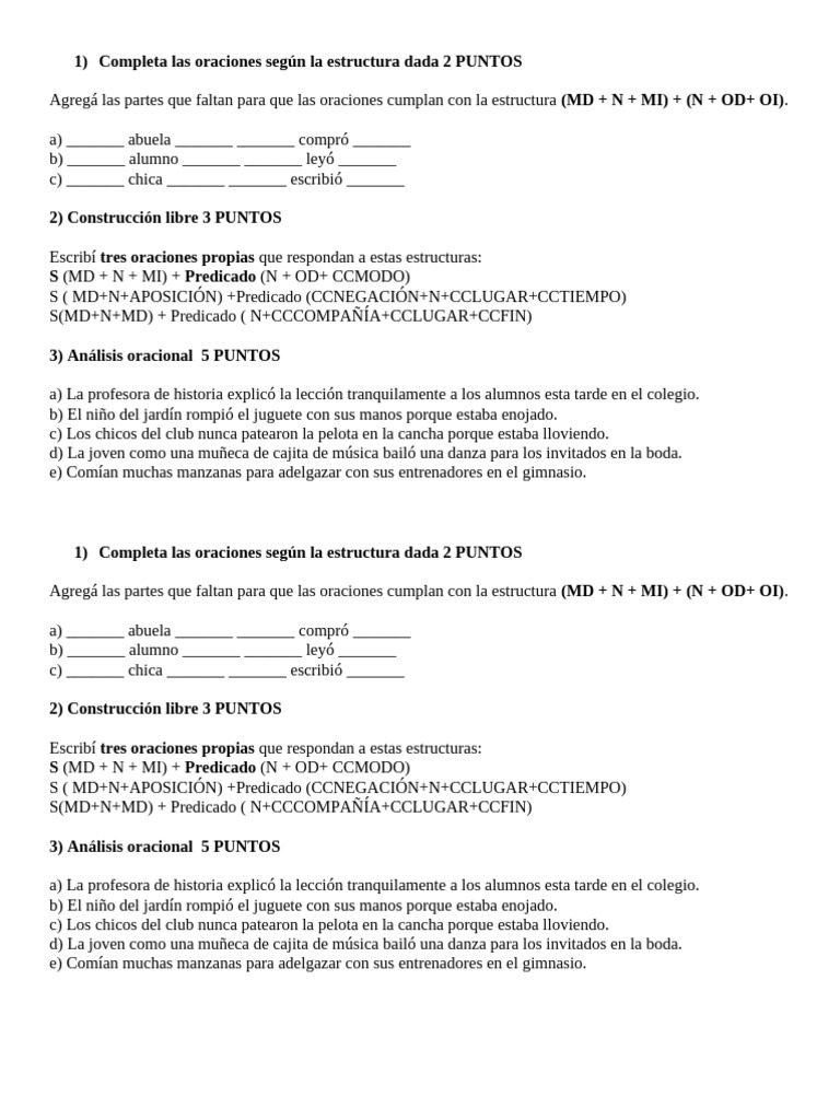 Completa Las Oraciones Según La Estructura Dada 2 PUNTOS | PDF