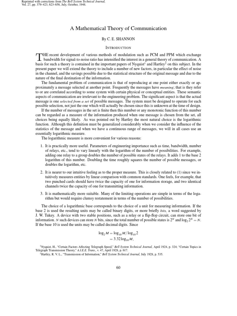 A Mathematical Theory of Communication (Shannon) | PDF | Business