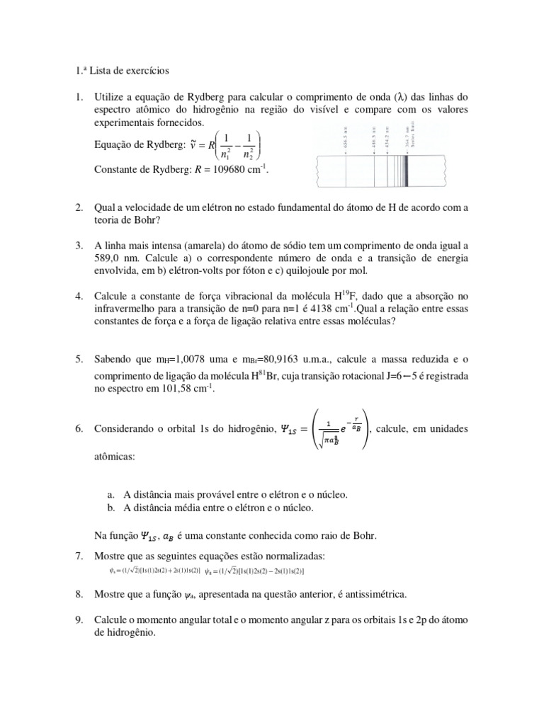 Exercícios de Espectroscopia Atômica | PDF