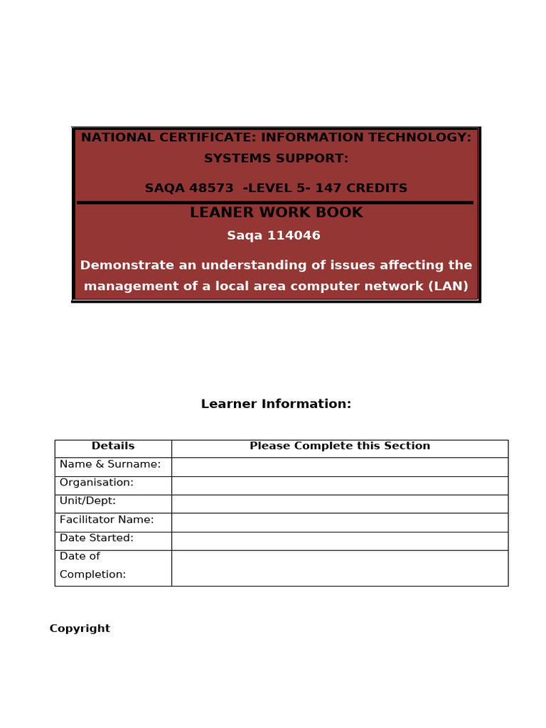 SAQA-114046 - Learner Workbook | PDF | Computer Network | Science