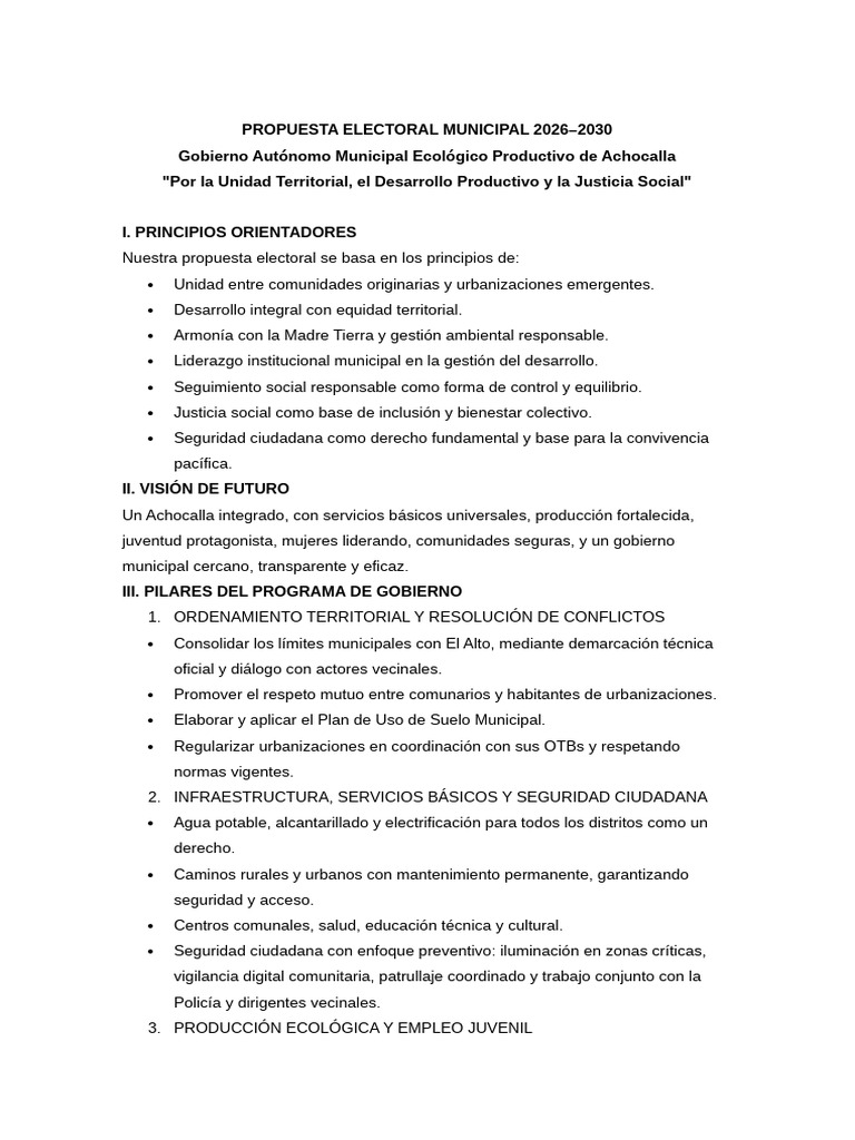 Propuesta Electoral Achocalla 2026-2030 | PDF
