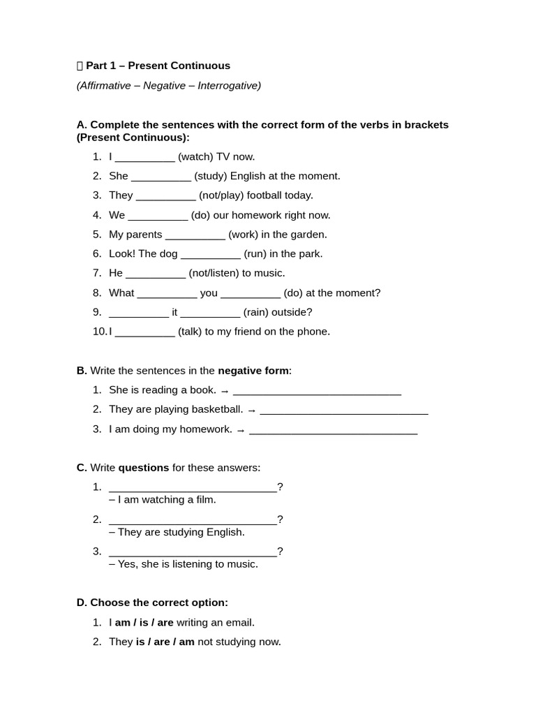 Present Continuous Grammar Exercises | PDF | Grammar | Syntax