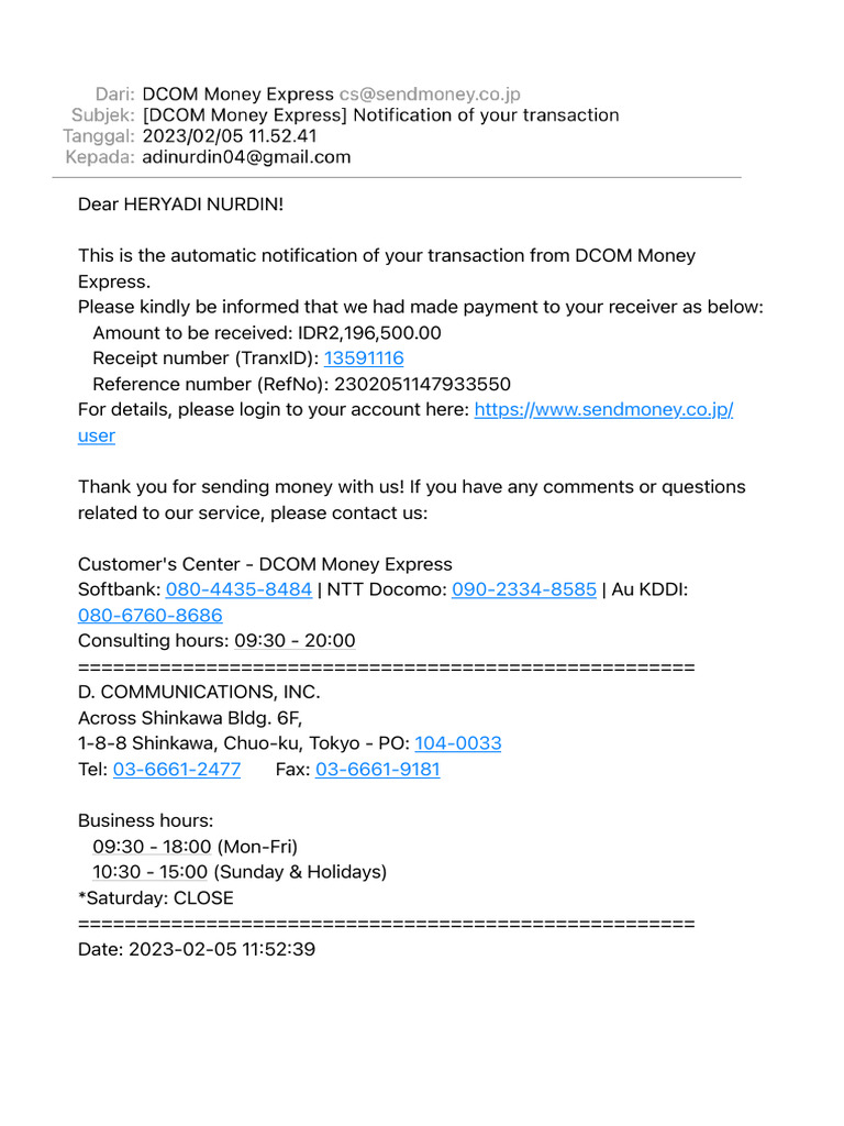 (DCOM Money Express) Notification of Your Transaction | PDF