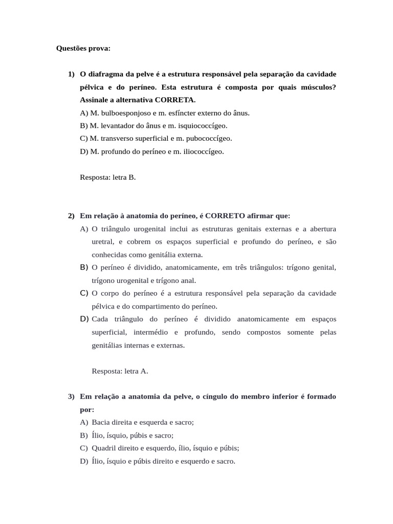 Questões Anatomia Pelve e Períneo | PDF | Pélvis | Sistema Esquelético