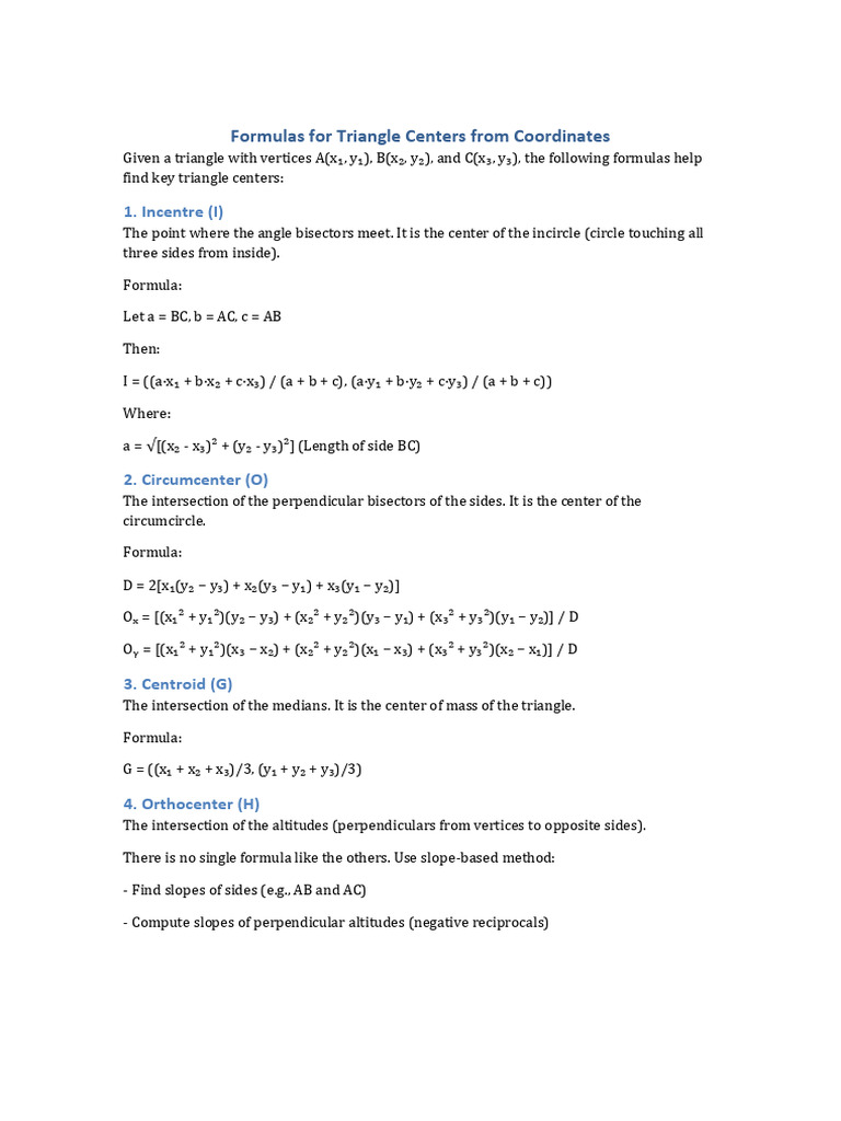 Triangle Centers Formulas Explained | PDF
