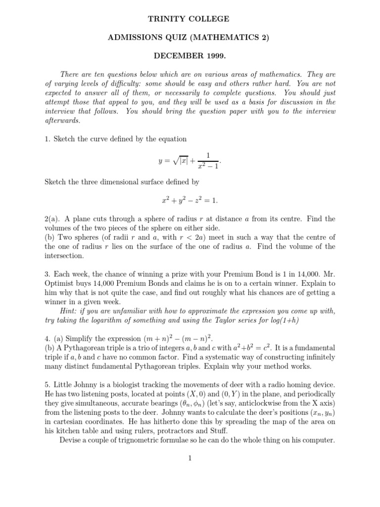 Trinity College Math Admissions Quiz | PDF | Sphere | Force