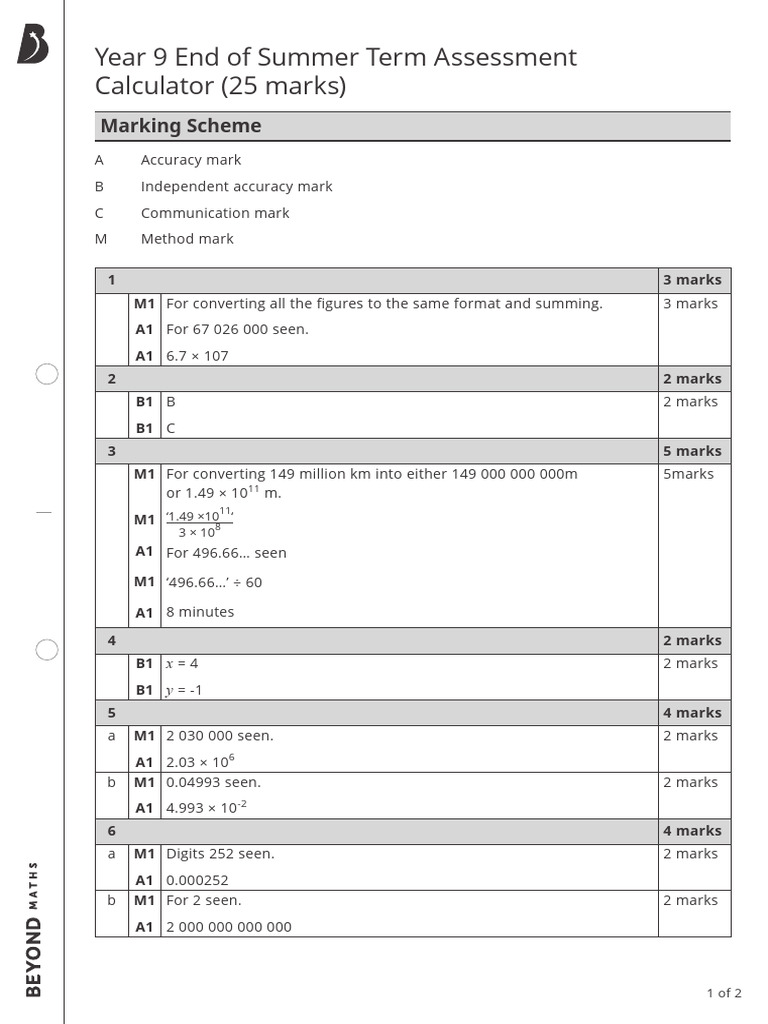 Year 9 Maths Summer Assessment Guide | PDF