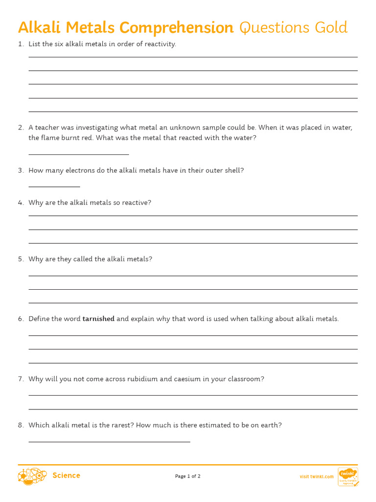 AQA ASPT L10 the Alkali Metals Gold Comprehension Questions | PDF ...