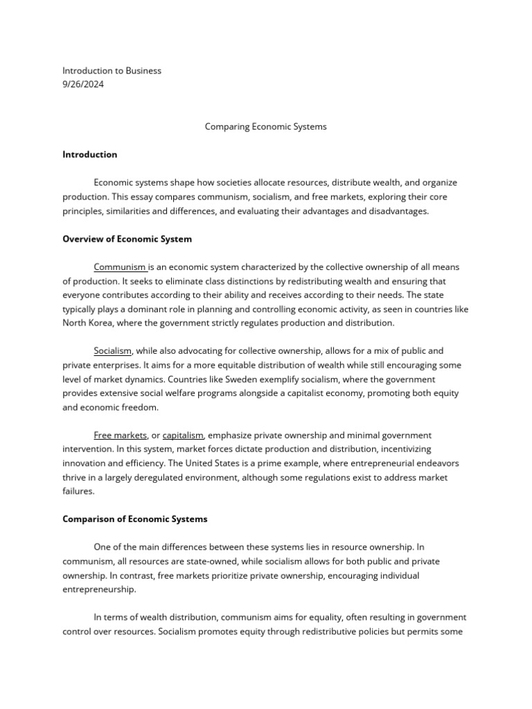 Comparing Economic Systems - Intro To Business | PDF | Socialism ...