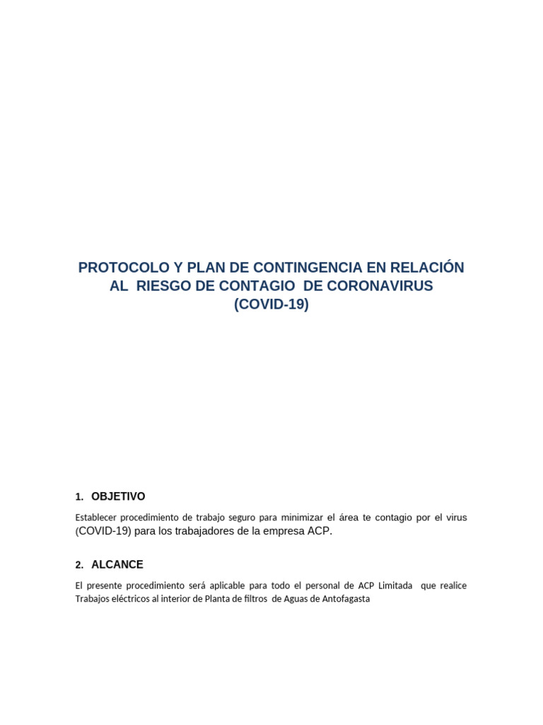Protocolo y Plan de Contingencia en Relación Al Riesgo de Contagio de Coronavirus Acp | PDF ...