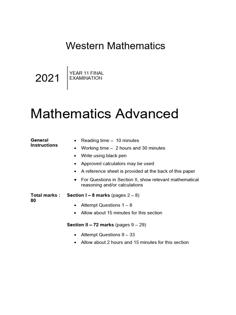 WME Year 11 Advanced Mathematics Exam 2021 | PDF | Asymptote | Multiple ...