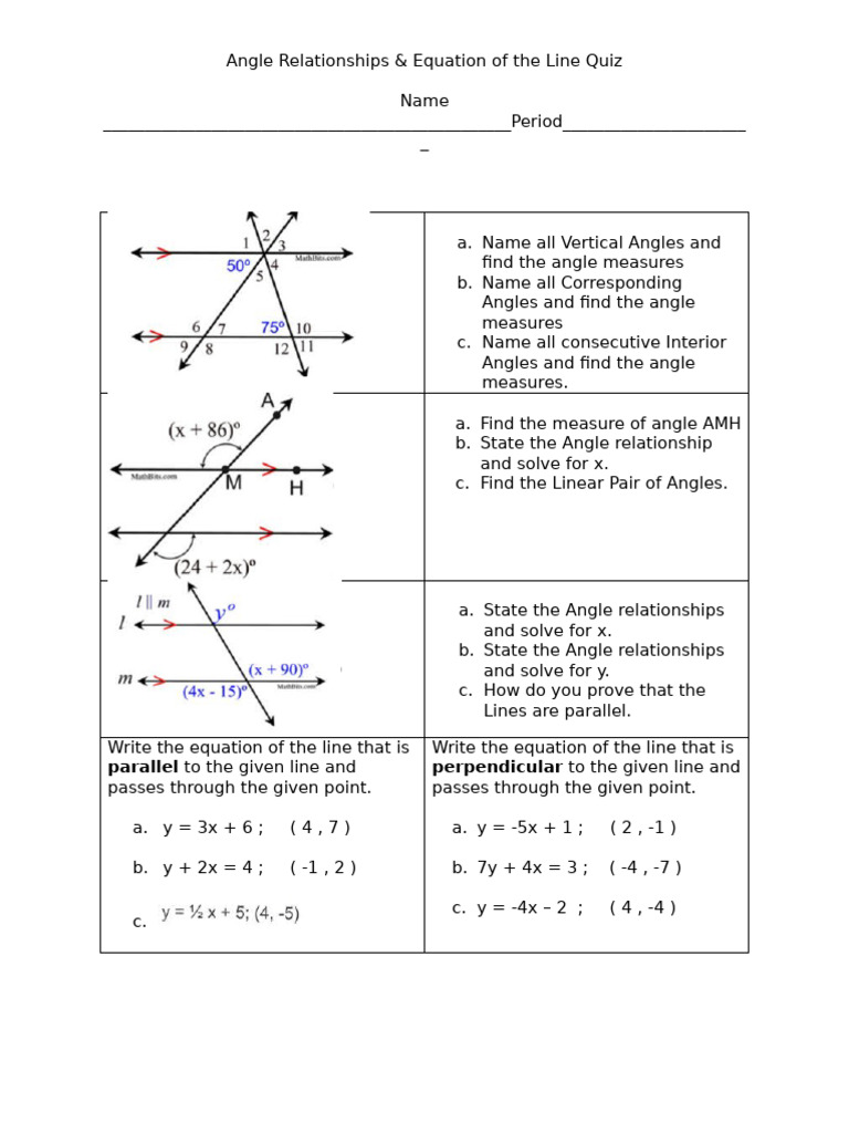 Angle Relationships and Equation of The Line Quiz | PDF