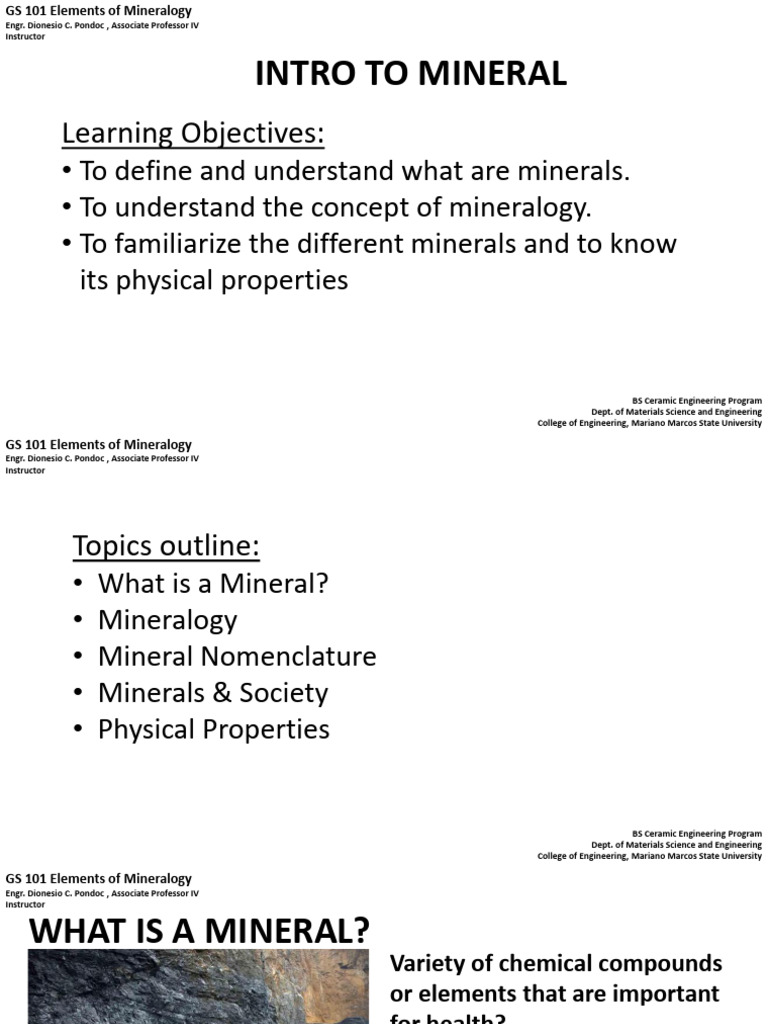 GS 101 Lecture 1 Intro To Minerals | PDF | Mineralogy | Minerals
