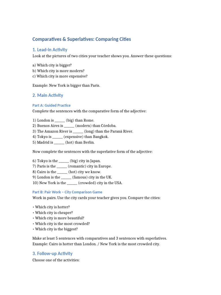 Comparatives Superlatives Cities | PDF