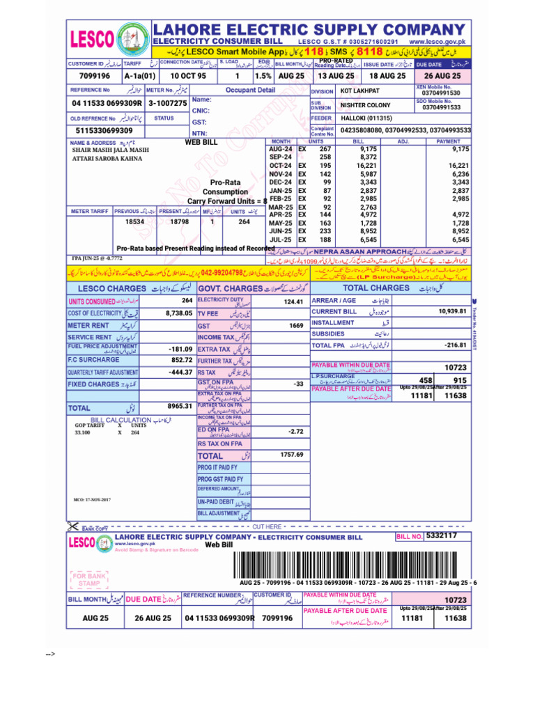 Pro-Rata Web Bill Summary for August 2025 | PDF