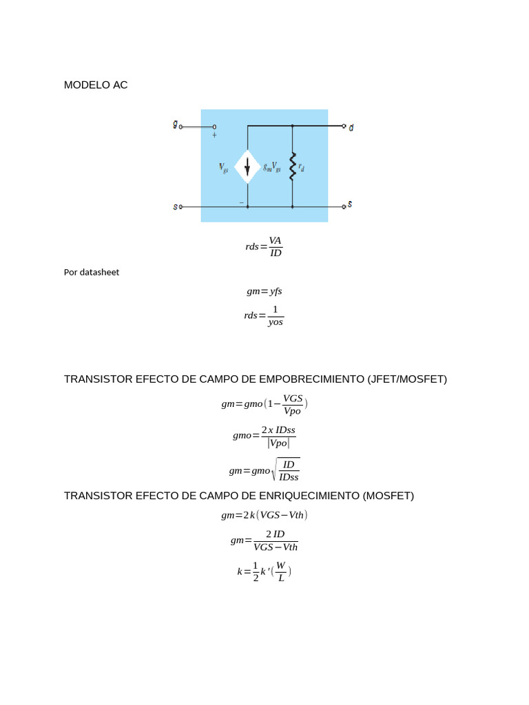 Fórmulas de Transistores JFET y MOSFET | PDF