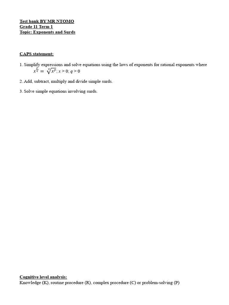 Grade 11 Exponents and Surds Test Bank | PDF | Mathematics ...