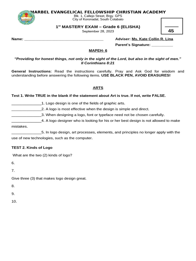 1st Mastery Exam 2023 Mapeh | PDF | Medical Specialties | Diseases And ...