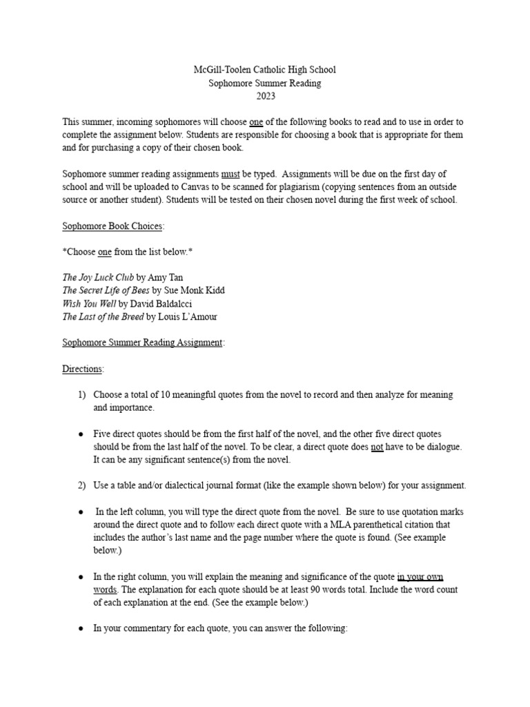 Sophomore Summer Reading | PDF