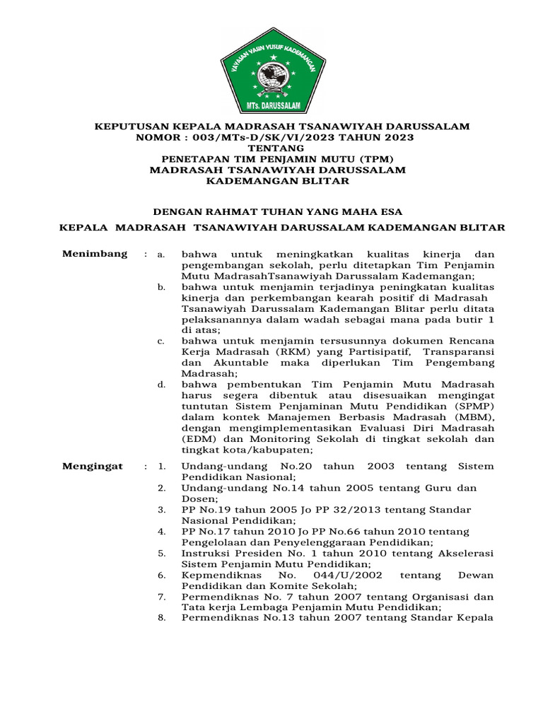 Sk Penjamin Mutu Madrasah | PDF