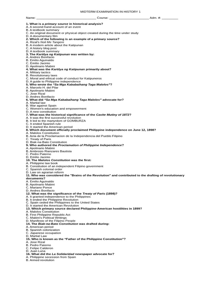History 1 Midterm Exam Questions | PDF | Philippines | Philippines ...