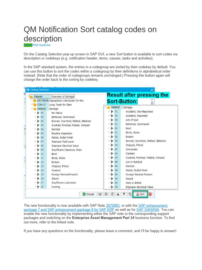 SAP GUI: Sort Catalog Codes by Description | PDF
