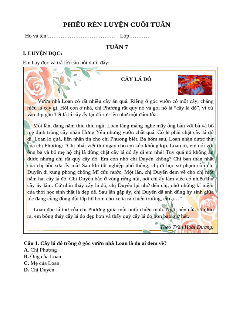 Bai Tap Cuoi Tuan Tieng Viet Tuan 7 | PDF