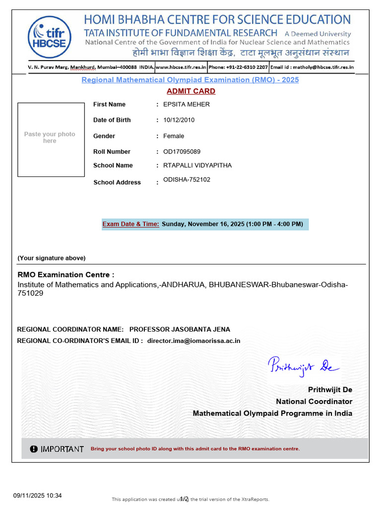RMO 2025 Admit Card for EPSITA MEHER | PDF