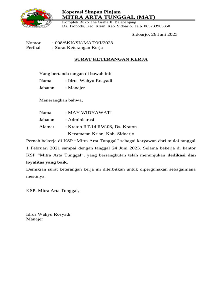 Surat Keterangan Kerja KSP Mitra Arta | PDF