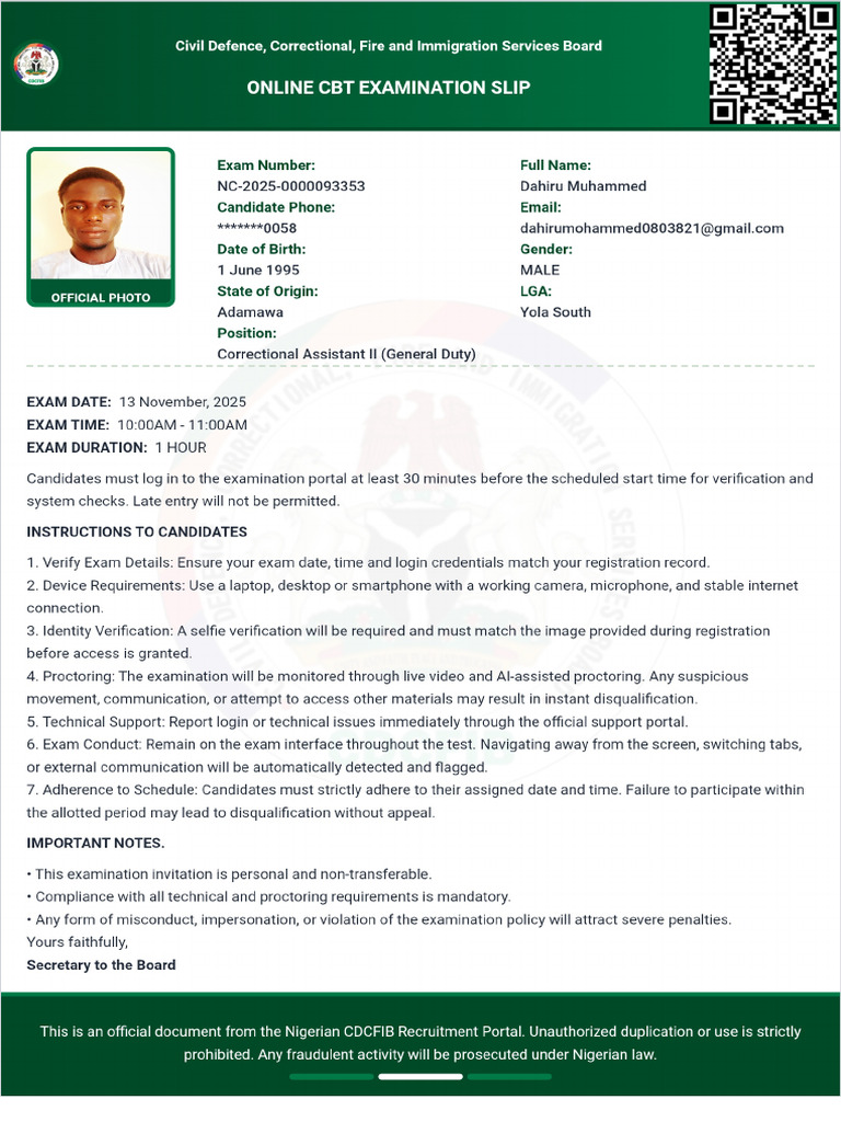 DAHIRU MUHAMMED Application Slip | PDF