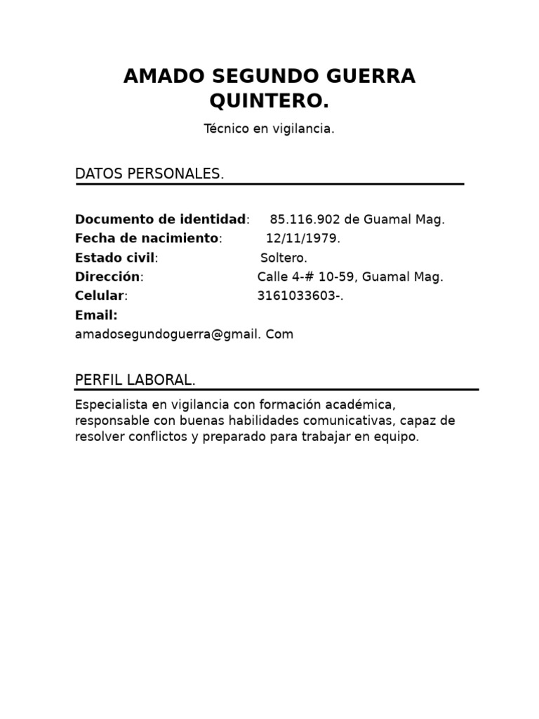 Perfil Profesional de Amado Quintero | PDF