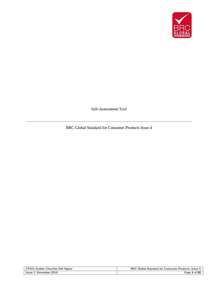 Cp421 BRC Global Standards Auditor Checklist GM Higheriss1 | PDF ...
