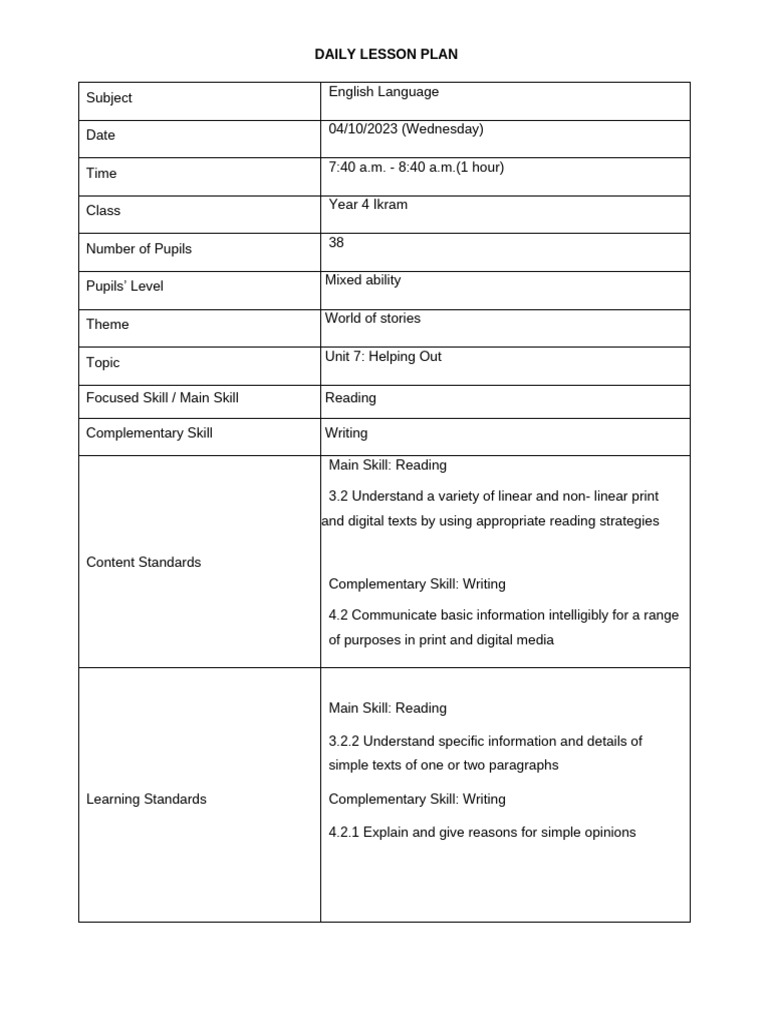 DAILY LESSON PLAN 04.10 | PDF | Critical Thinking | Lesson Plan