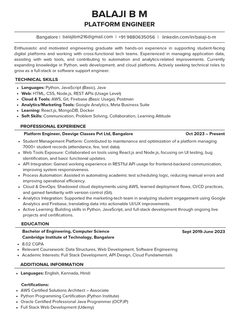 Balaji BM Resume | PDF | Web Development | Cloud Computing