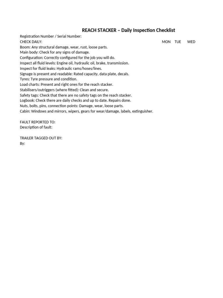 Reach Stacker Daily Inspection Checklist English | PDF