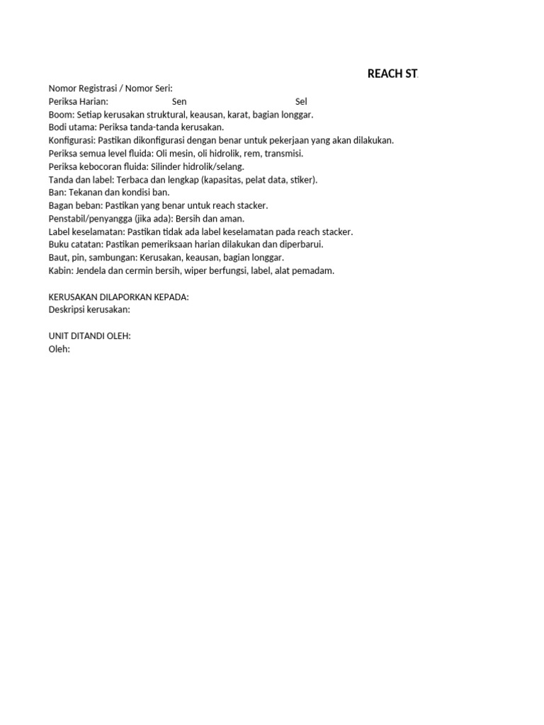 Checklist Harian Reach Stacker dan Forklift | PDF