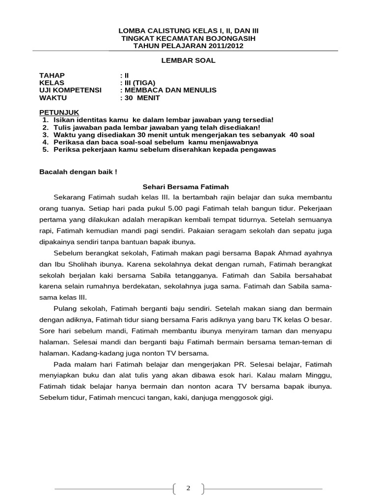 Soal Calistung Kelas III Tahap II | PDF