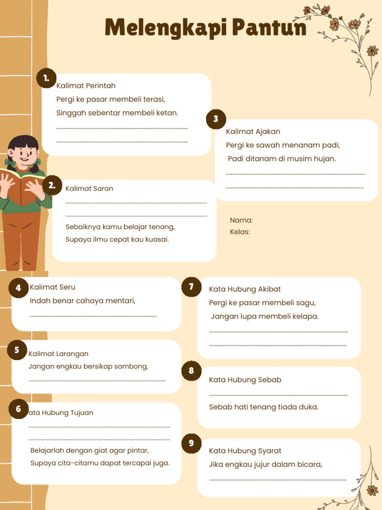 Lembar Kerja Pendidikan Bahasa Indonesia Melengkapi Pantun Cokelat Putih Gaya Ilustratif | PDF