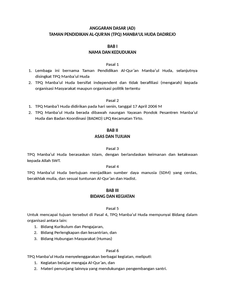 Anggaran Dasar TPQ Manba'ul Huda | PDF
