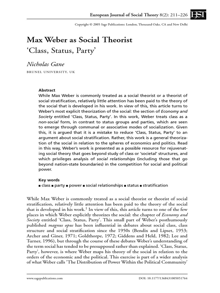 Weber's Theory of Class, Status, Party | PDF | Max Weber | Sociology
