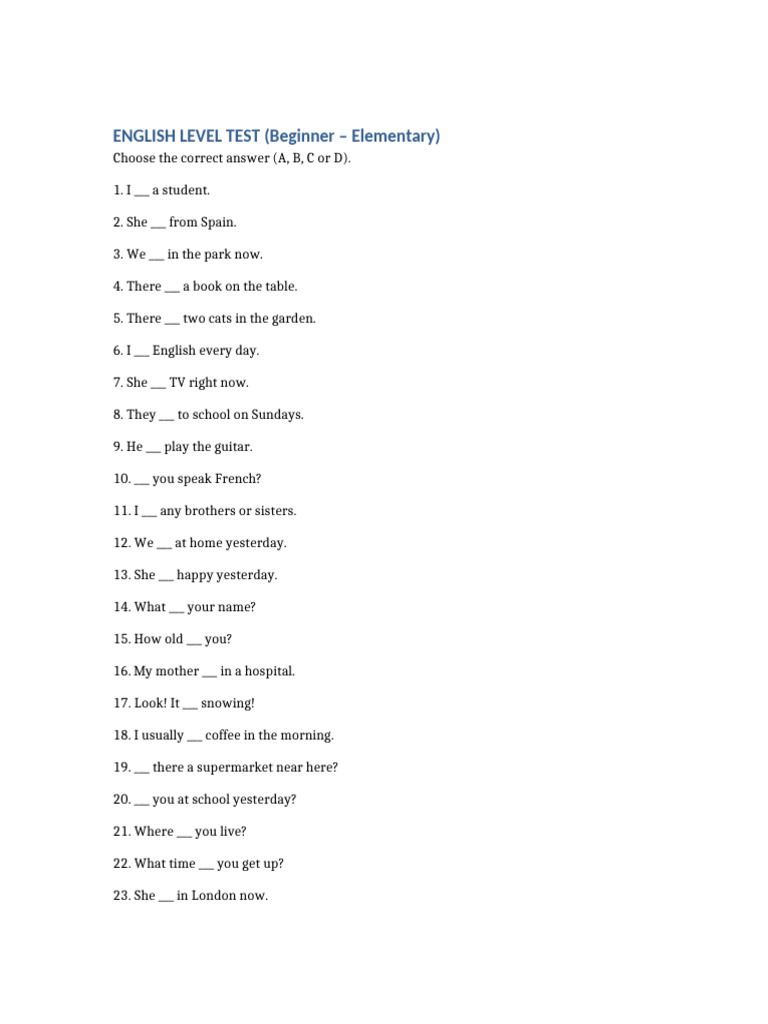 Beginner English Level Test Quiz | PDF | Chess Theory | Chess