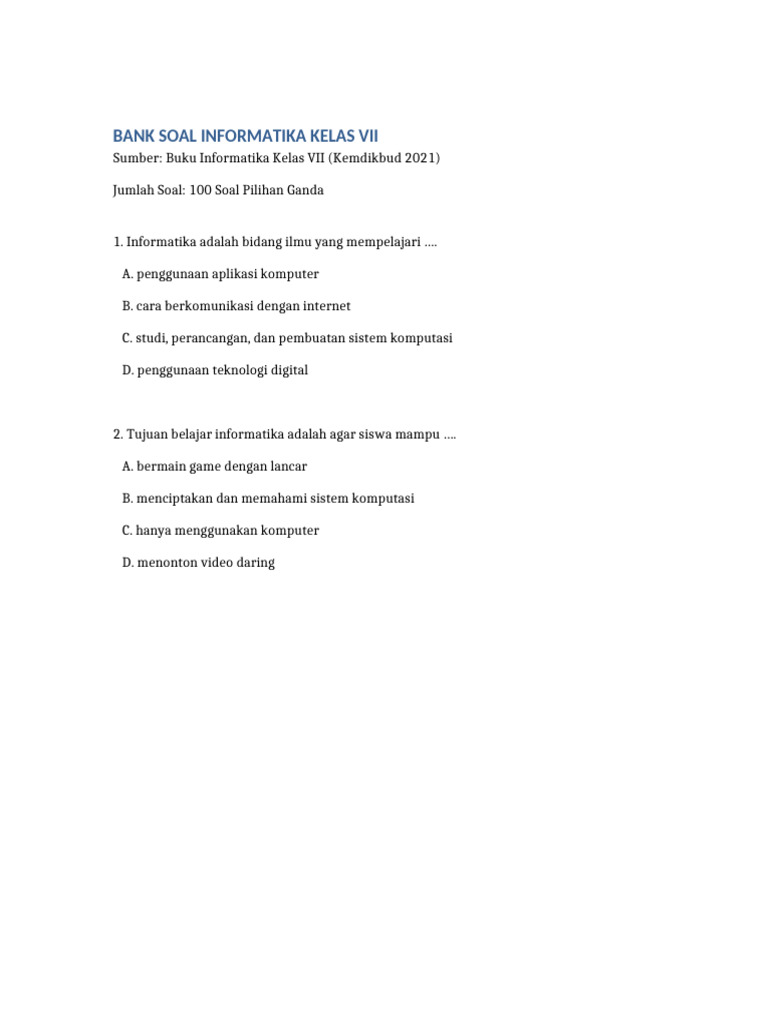 Bank Soal Informatika Kelas VII | PDF