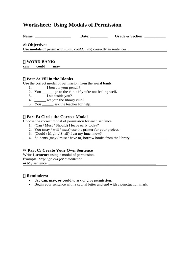 Worksheet in Using Modals of Permission | PDF