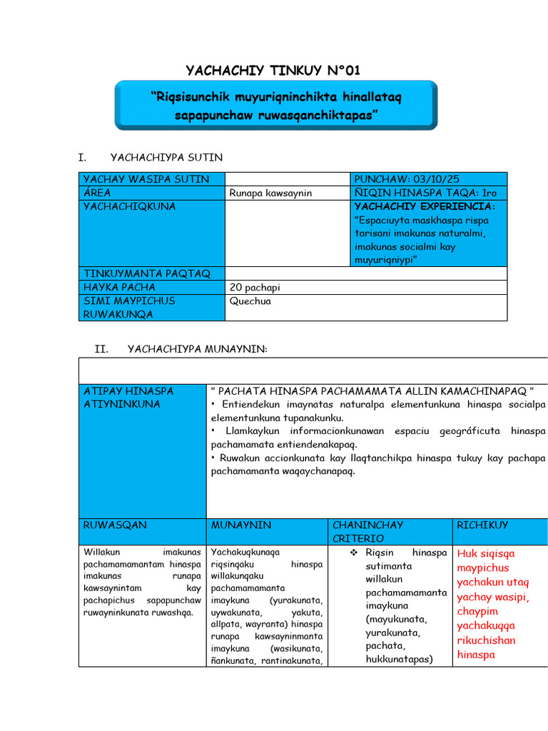 Sesion de Personal Social Quechua 1ro | PDF