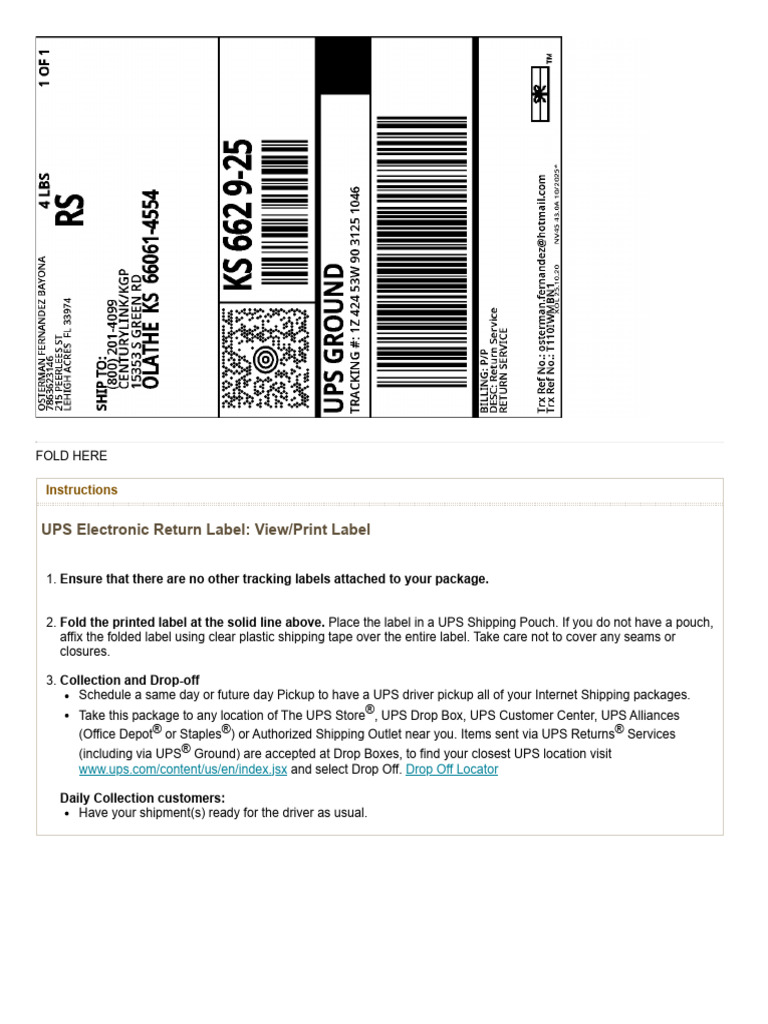 UPS Electronic Return Label Instructions | PDF