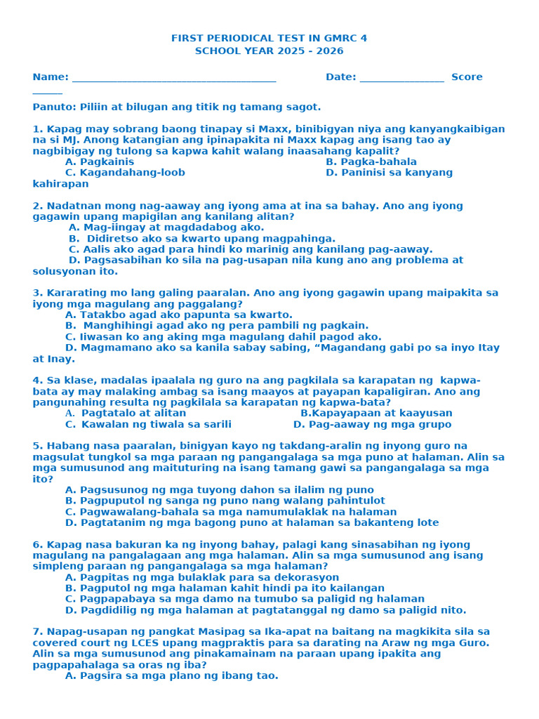 First Periodical Test in GMRC 4 | PDF